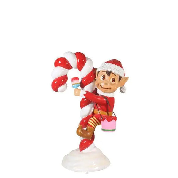 Red Elf On Candy Cane Statue| LM Treasures
