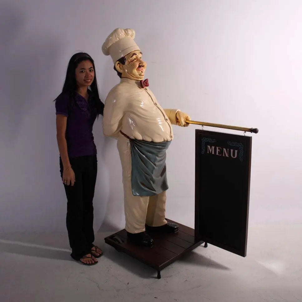 Chef With Rolling Menu Board Life Size Statue | LM Treasures