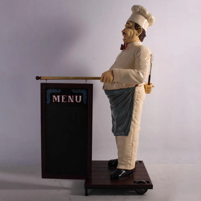 Chef With Rolling Menu Board Life Size Statue | LM Treasures