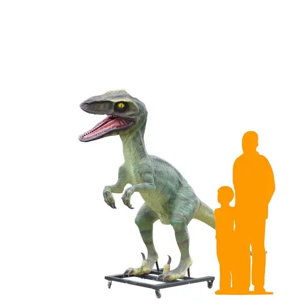 Green Raptor Dinosaur On Base Life Size Statue | LM Treasures