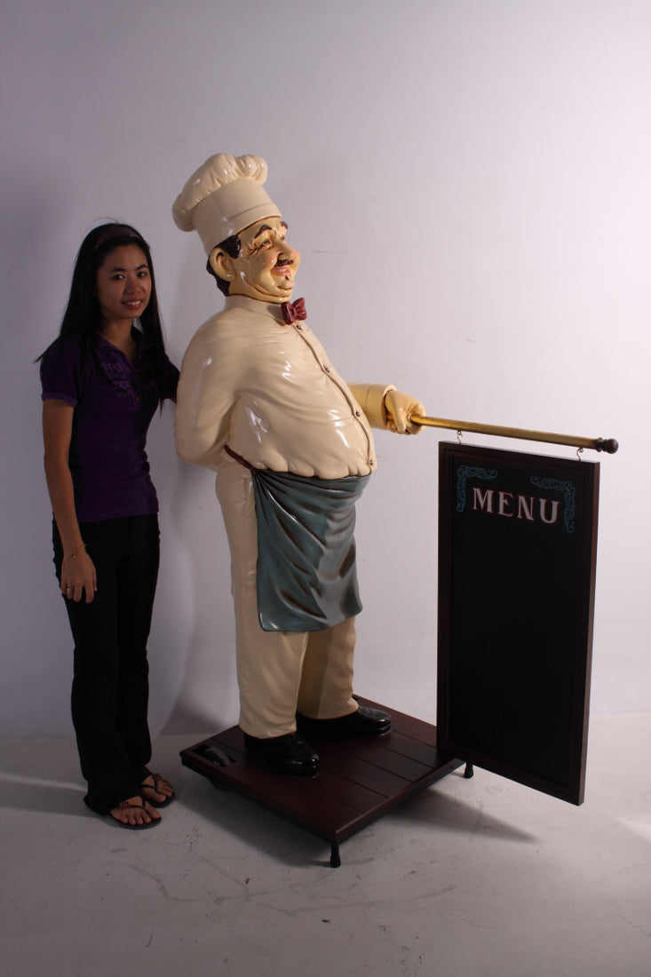 Chef With Rolling Menu Board Life Size Statue | LM Treasures