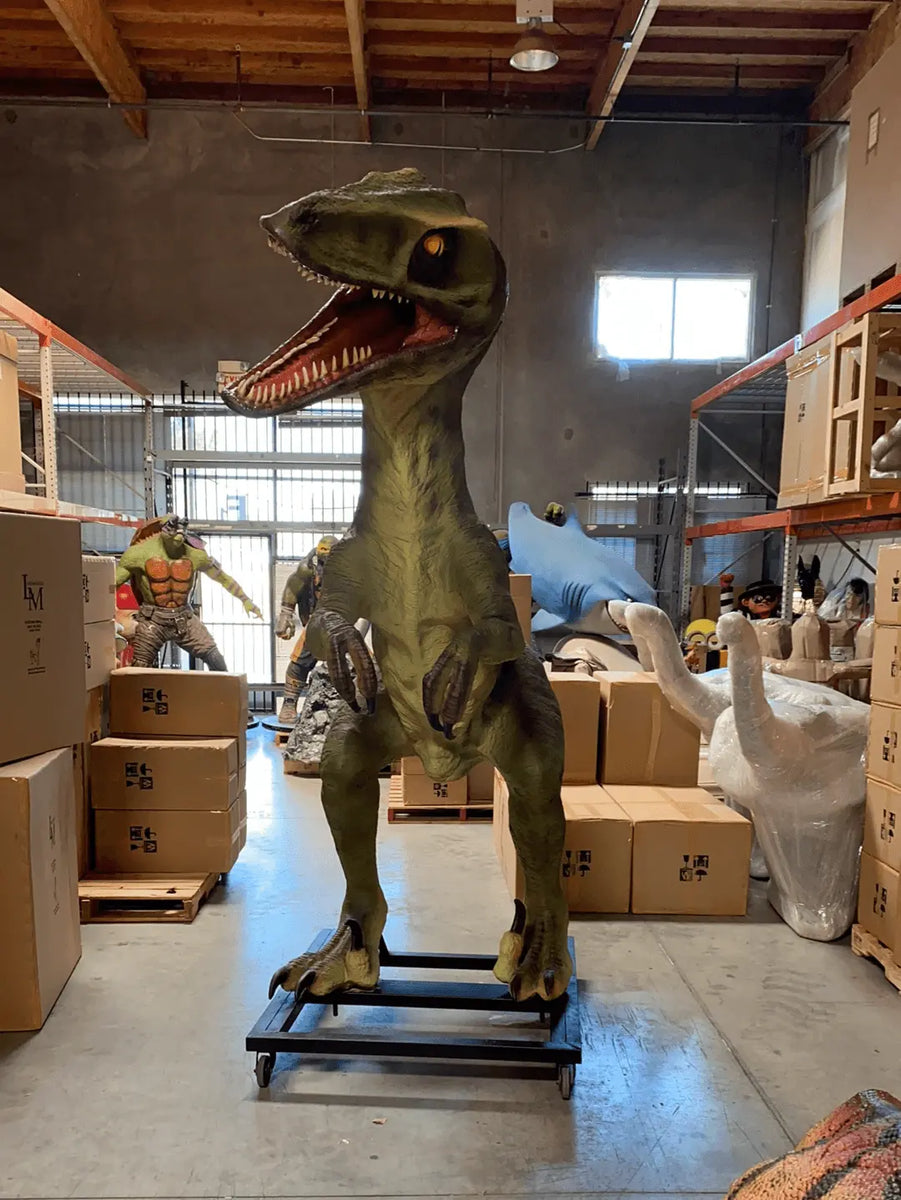 Green Raptor Dinosaur On Base Life Size Statue | LM Treasures